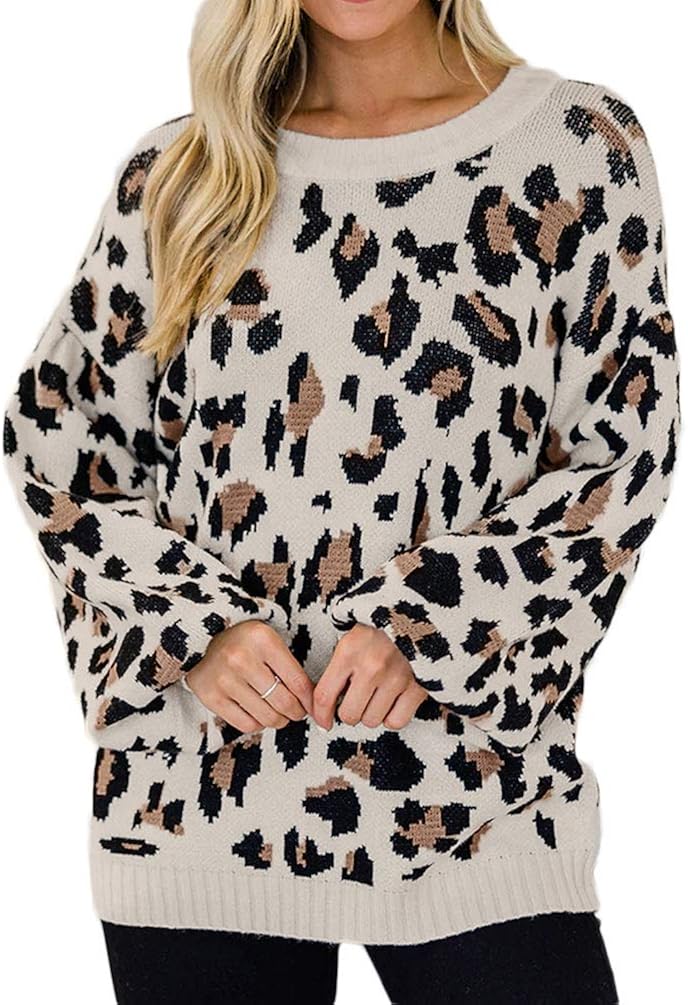 FOROLAV Women's Leopard Sweater Balloon Sleeve Animal Print Pullover ...