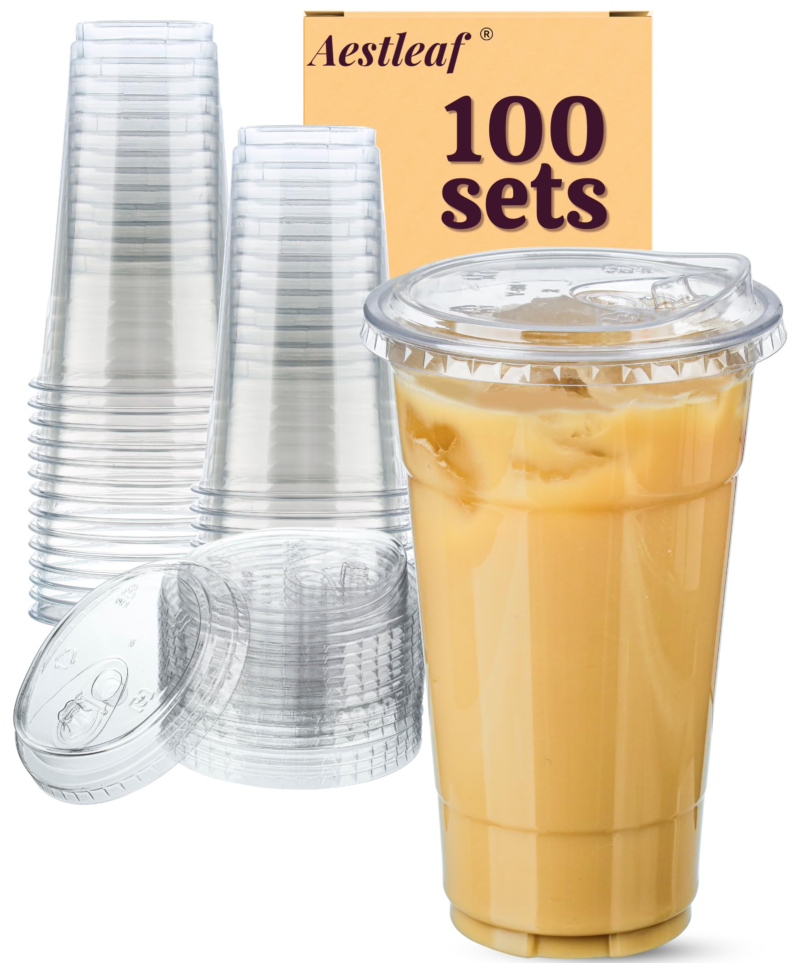 Aestleaf Clear Plastic Cups with Sip-Lids, 24 oz 100 Sets Disposable ...