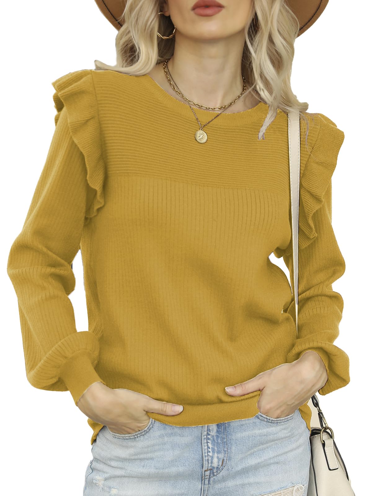 M - DEEP SELF Women's Sweaters Casual Long Sleeve Crewneck Ribbed Knit ...