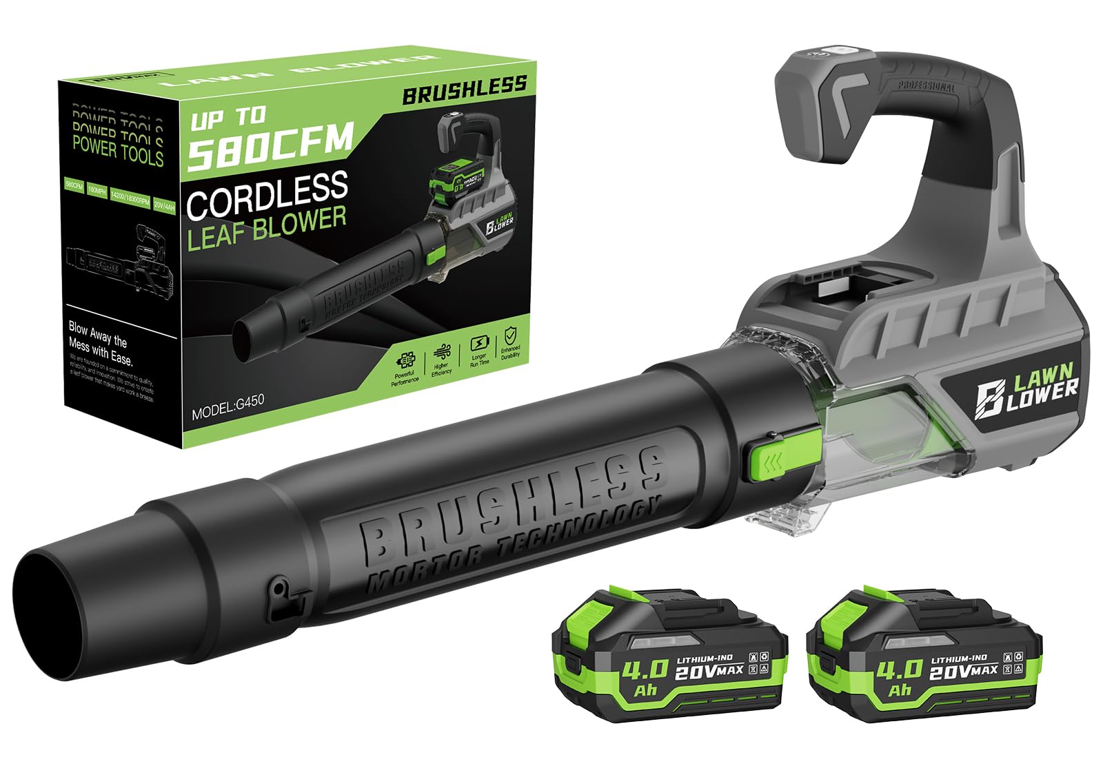 Leaf Blower 580CFM Brushless Electric Leaf Blower Cordless with 20V 2X4 ...