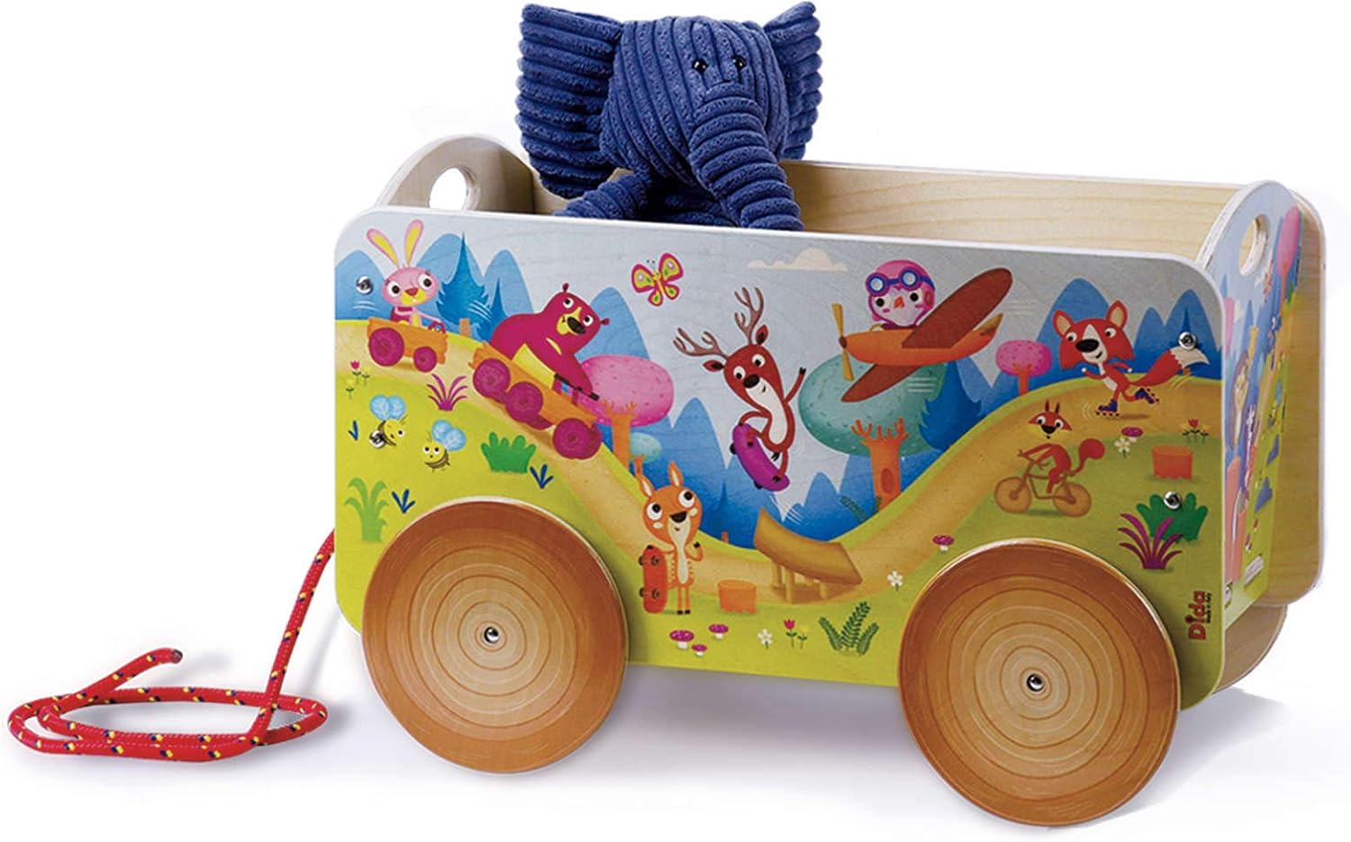 Dida – wooden cart for items and children’s toys. Decoration animals of ...