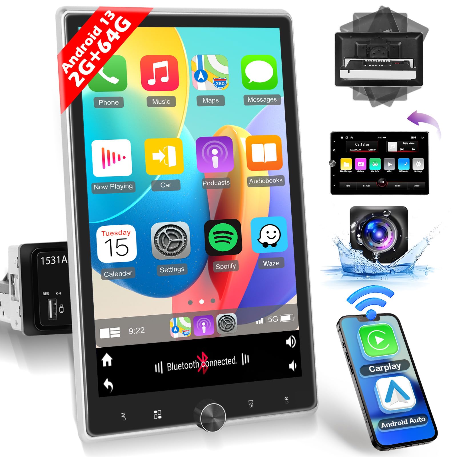 Hikity Android 13 Single Din Car Stereo, 10.4 Inch with Wireless ...