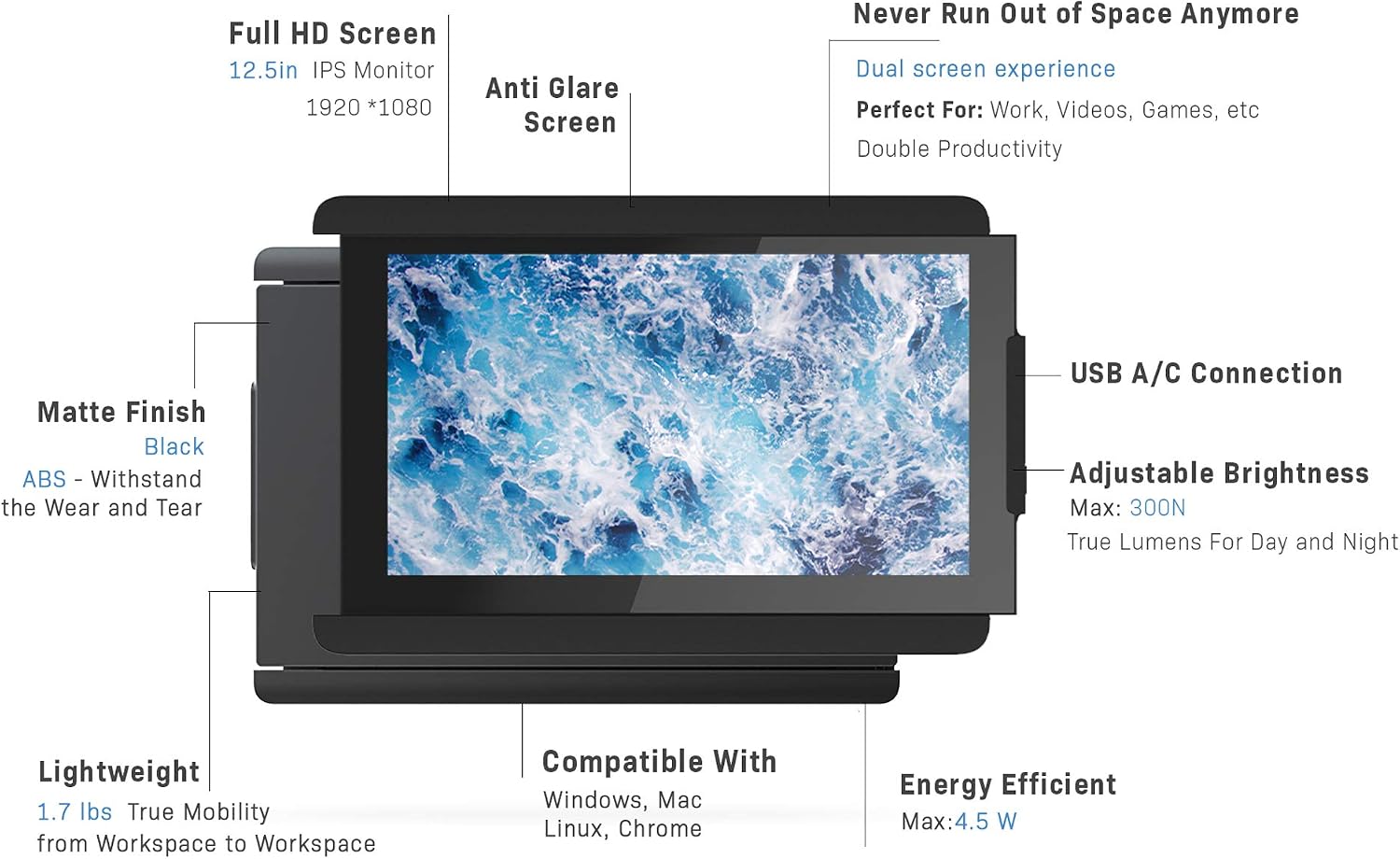 Mobile Pixels Duex Pro Portable Dual Monitor for Laptops, 12.5″ Full HD ...