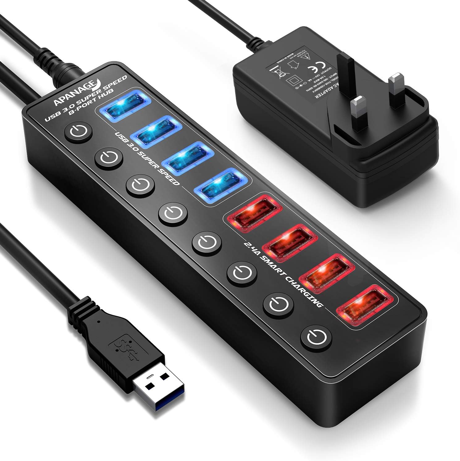 APANAGE USB 3.0 Hub, 8-Port High Speed USB 3.0 Hub (4-Port 5Gbps Data Transfer + 4-Port Smart ...