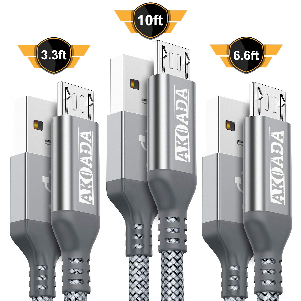 Amazon.com: AkoaDa Micro USB Cable Android, 3-Pack (10ft+6.6ft+3.3ft ...