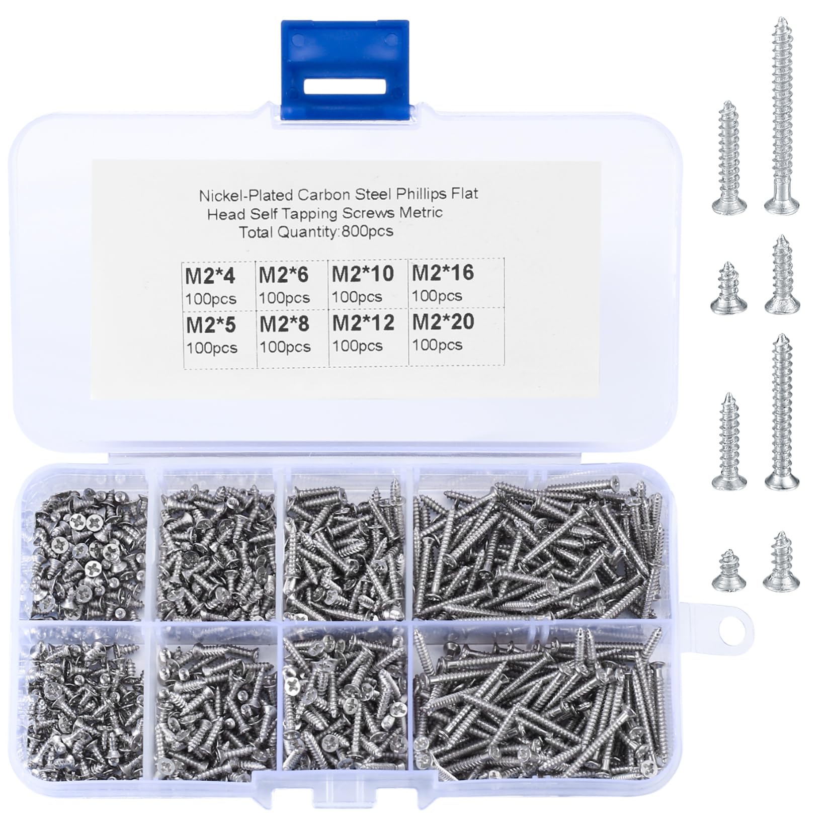 M2 Flat Head Self Tapping Screws, 800 Pcs Cross Drive Head Self Tapping Woodworking Fastener ...