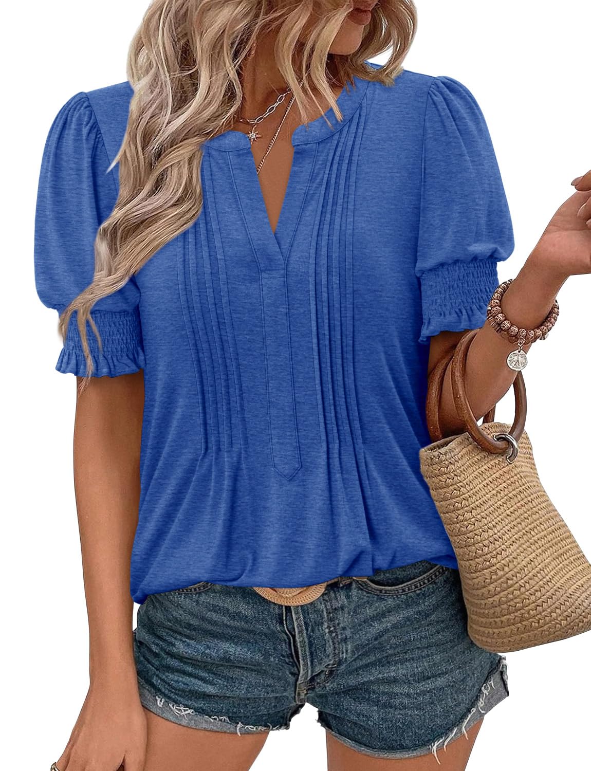 CRAZY GRID Womens Dressy Casual Shirts V neck Summer Business Work Blouse Puff Short Sleeve ...
