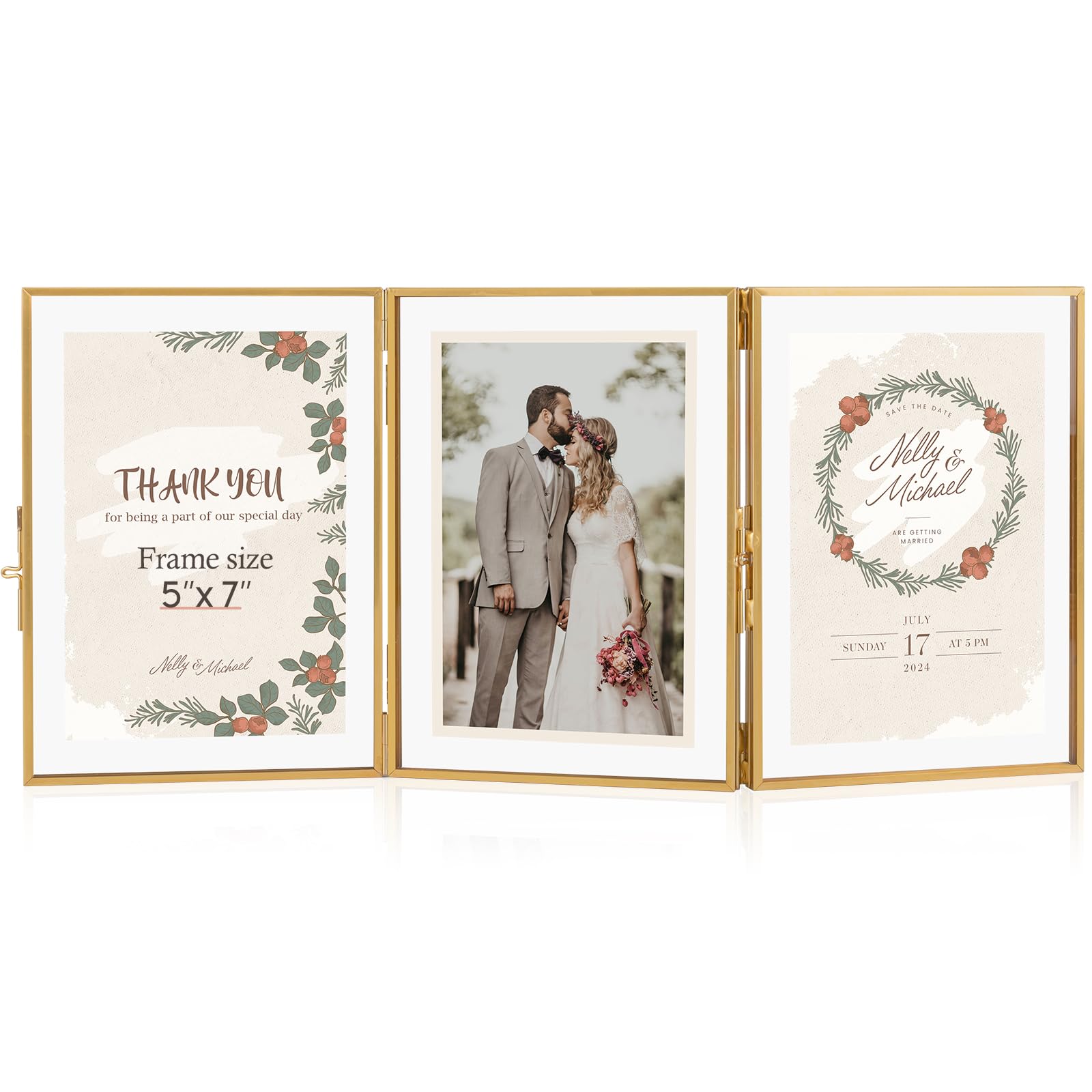 Jajamy Gold Floating Frames, Vintage 5x7 Triple Folding Picture Frame ...