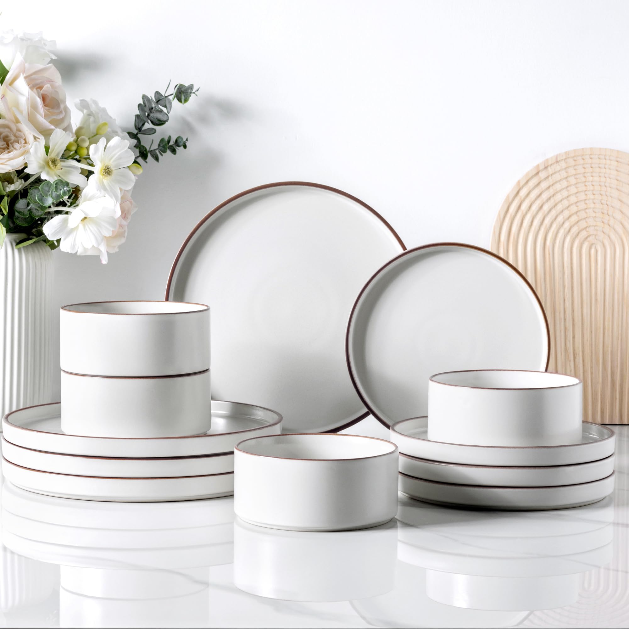 LERATIO Ceramic Dinnerware Sets for 4, High Edge Stoneware Plates and ...