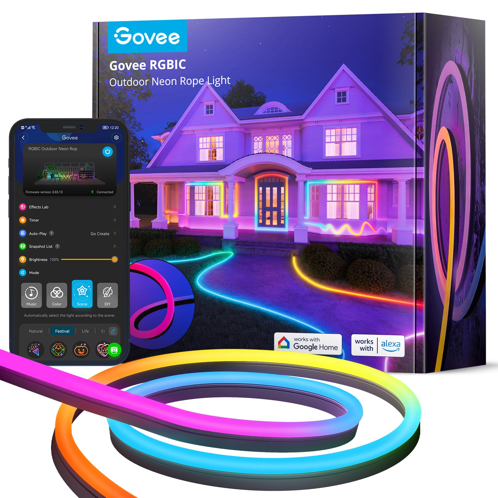 Govee Outdoor Neon Rope Lights, 32.8ft RGBIC IP67 Waterproof Christmas ...