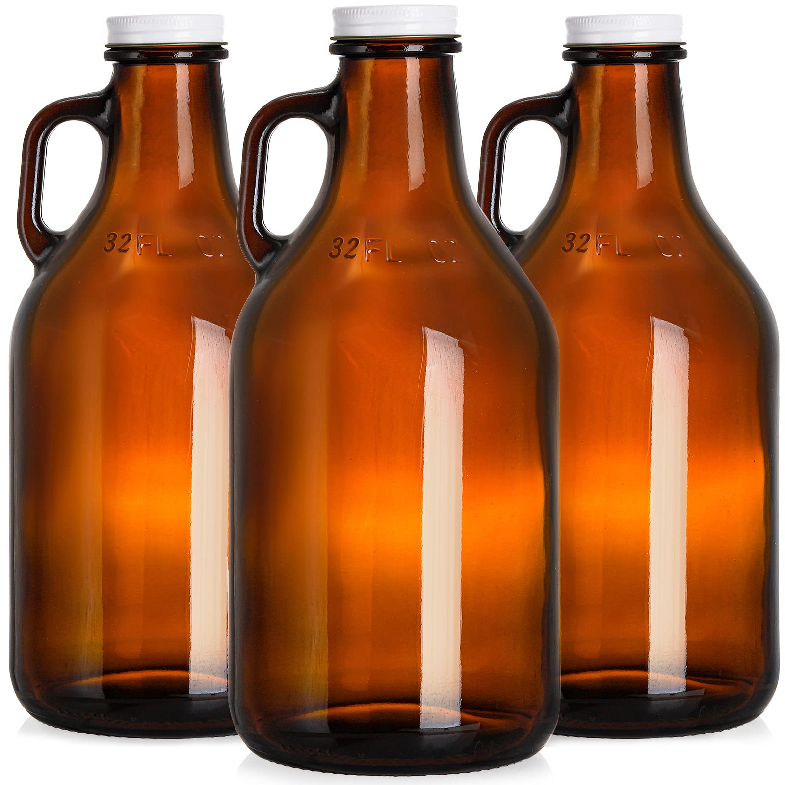 ZEAYEA 3 Pack 32 oz Glass Growler, Amber Glass Jug with Lids and Handle ...
