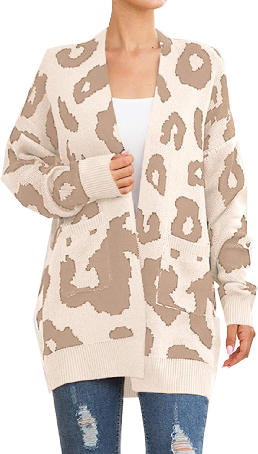 Angashion Womens Leopard Print Cardigan Sweater Open Front Long Sleeve ...
