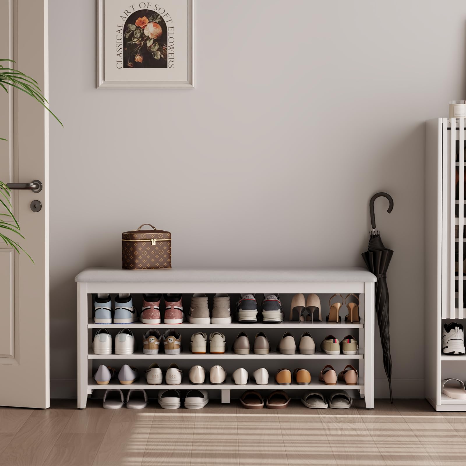 KASLANDI Shoe Bench with Leather Cushion, 3 Tiers Shoe Storage Bench ...