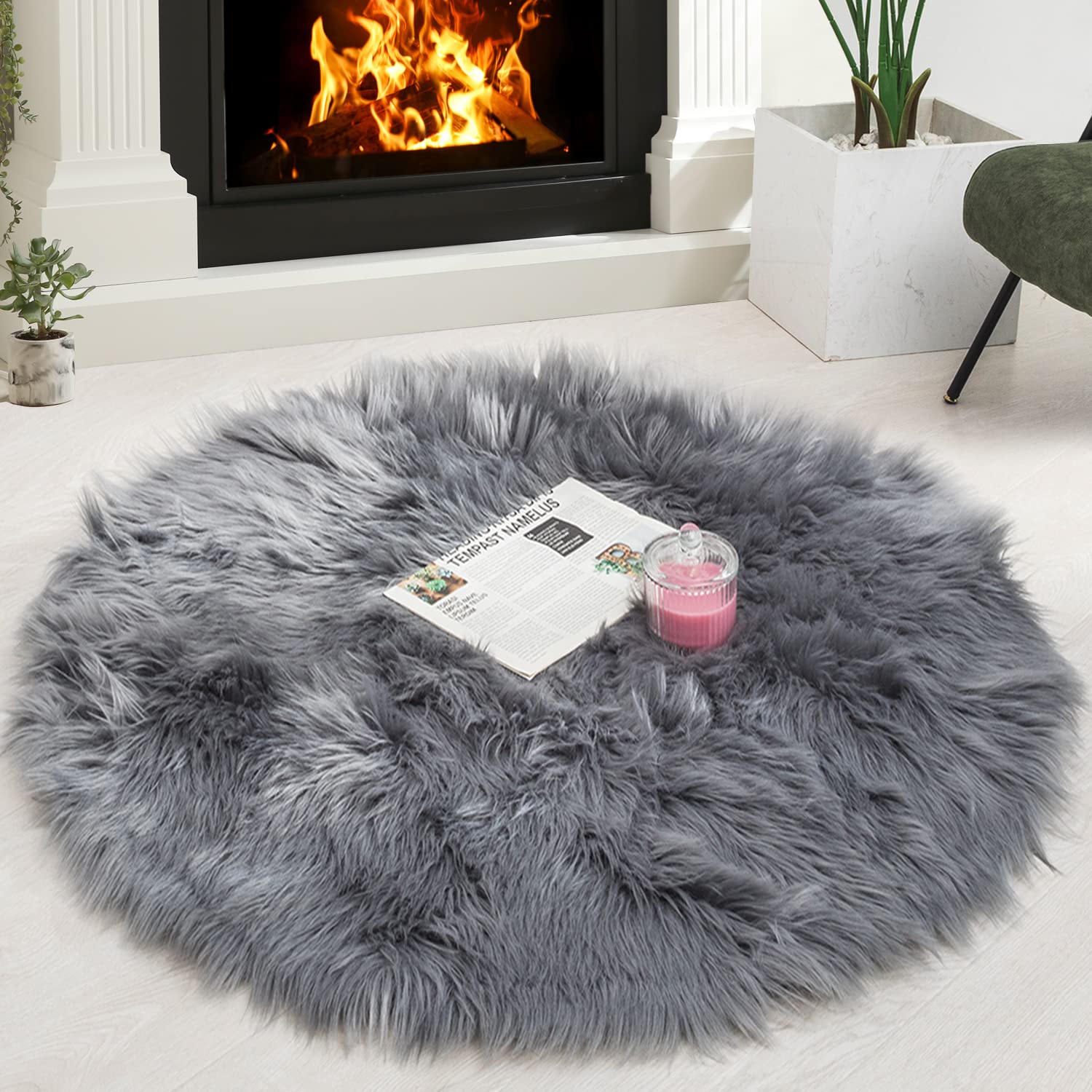 HYSEAS Faux Sheepskin Fur Area Rug Grey 3x3 Feet 2 Pack, Round Fluffy ...