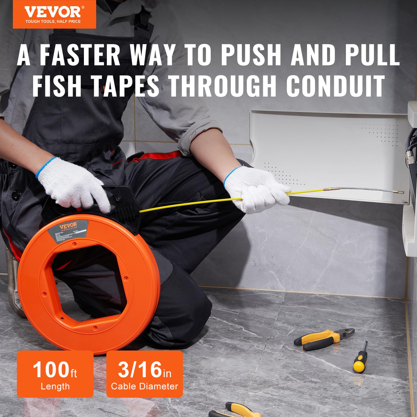 Mua VEVOR Fish Tape, 100 ft, 3/16-inch, Fiberglass Wire Puller with ...