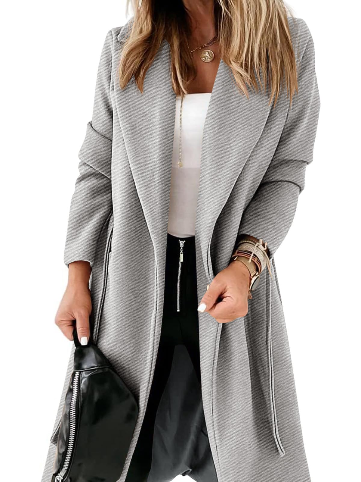 Womens Classic Coat Lapel Collar Open Front Belted Long Jacket for sale ...