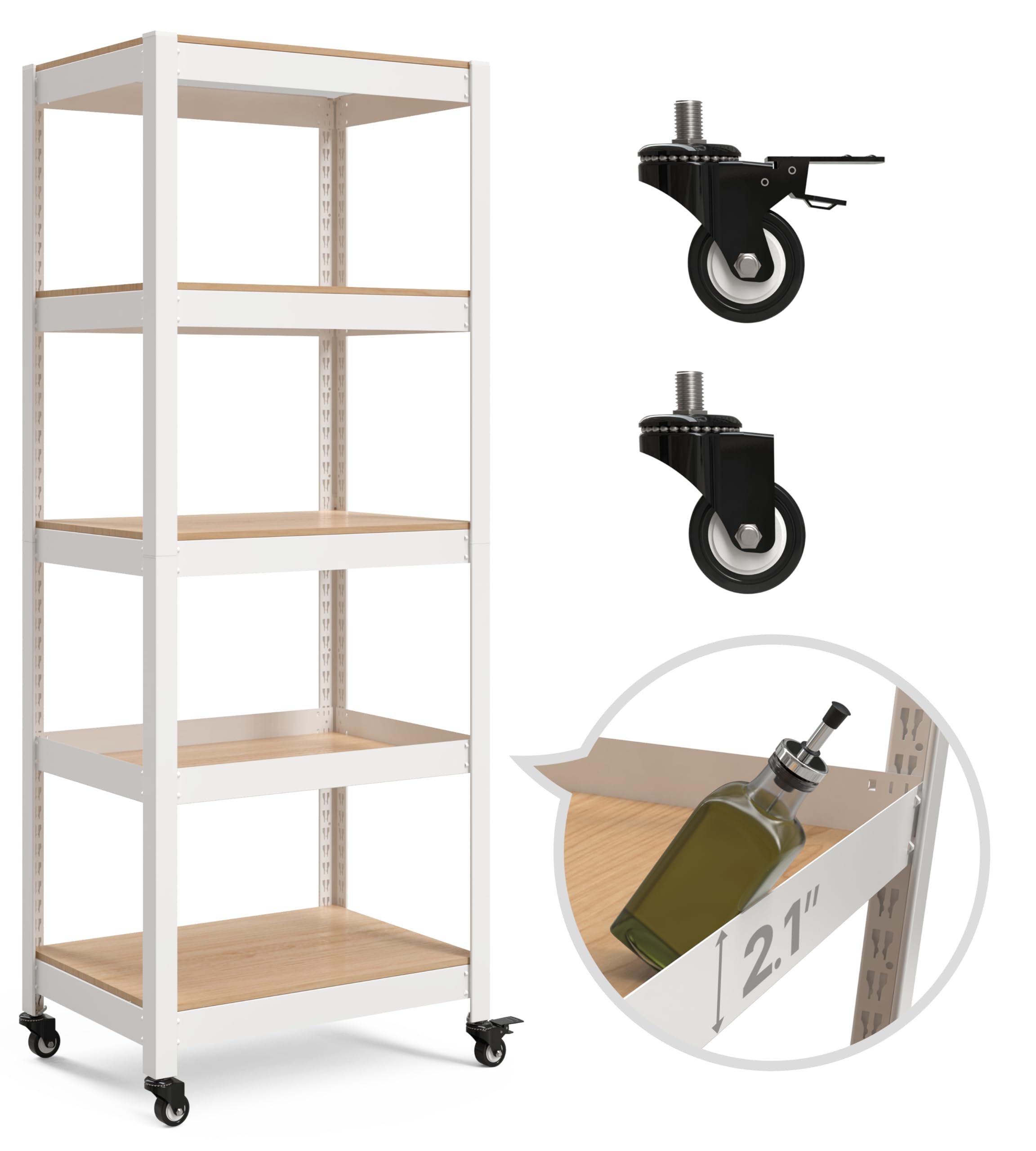 HOMEDANT House White 5-Tier Metal Boltless Rolling Cart Shelf Rack ...