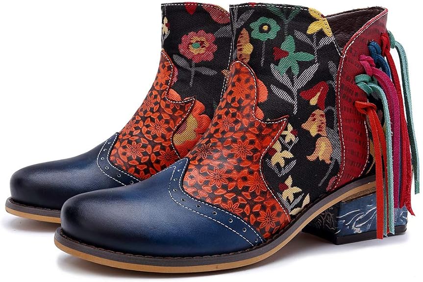 CrazycatZ Women's Leather Ankle Booties, Bohemian Pattern Short Boots ...