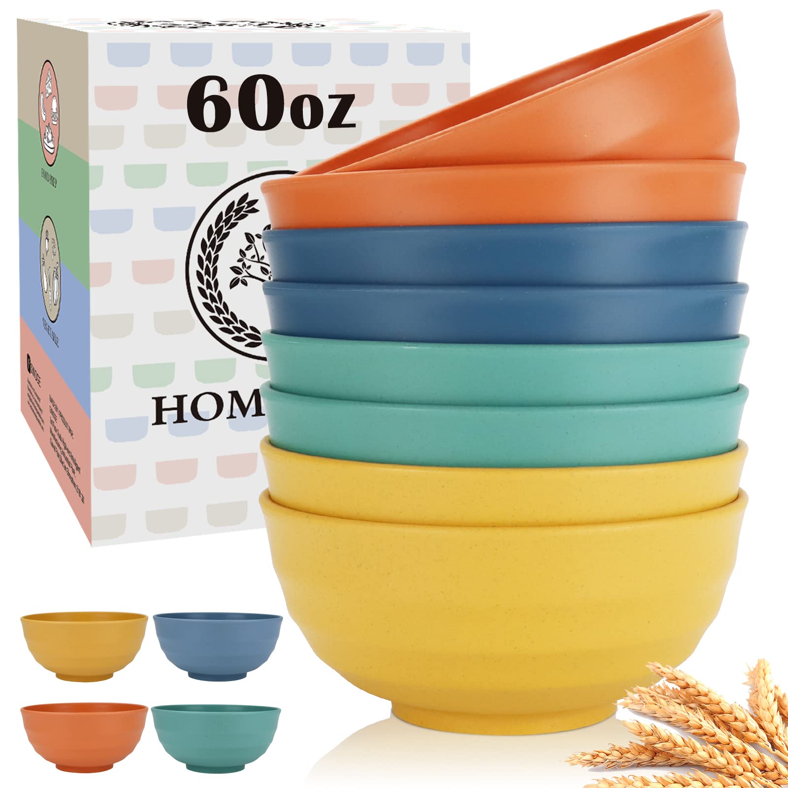 Homienly Large Salad Bowls, Large Soup Bowls Set of 8,Wheat Straw Bowls ...