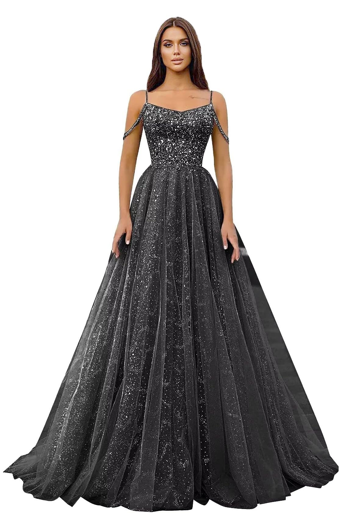 Off Shoulder Sequin Prom Dresses Long Tulle Ball Gowns Spaghetti Straps A-Line Sparkly Evening ...