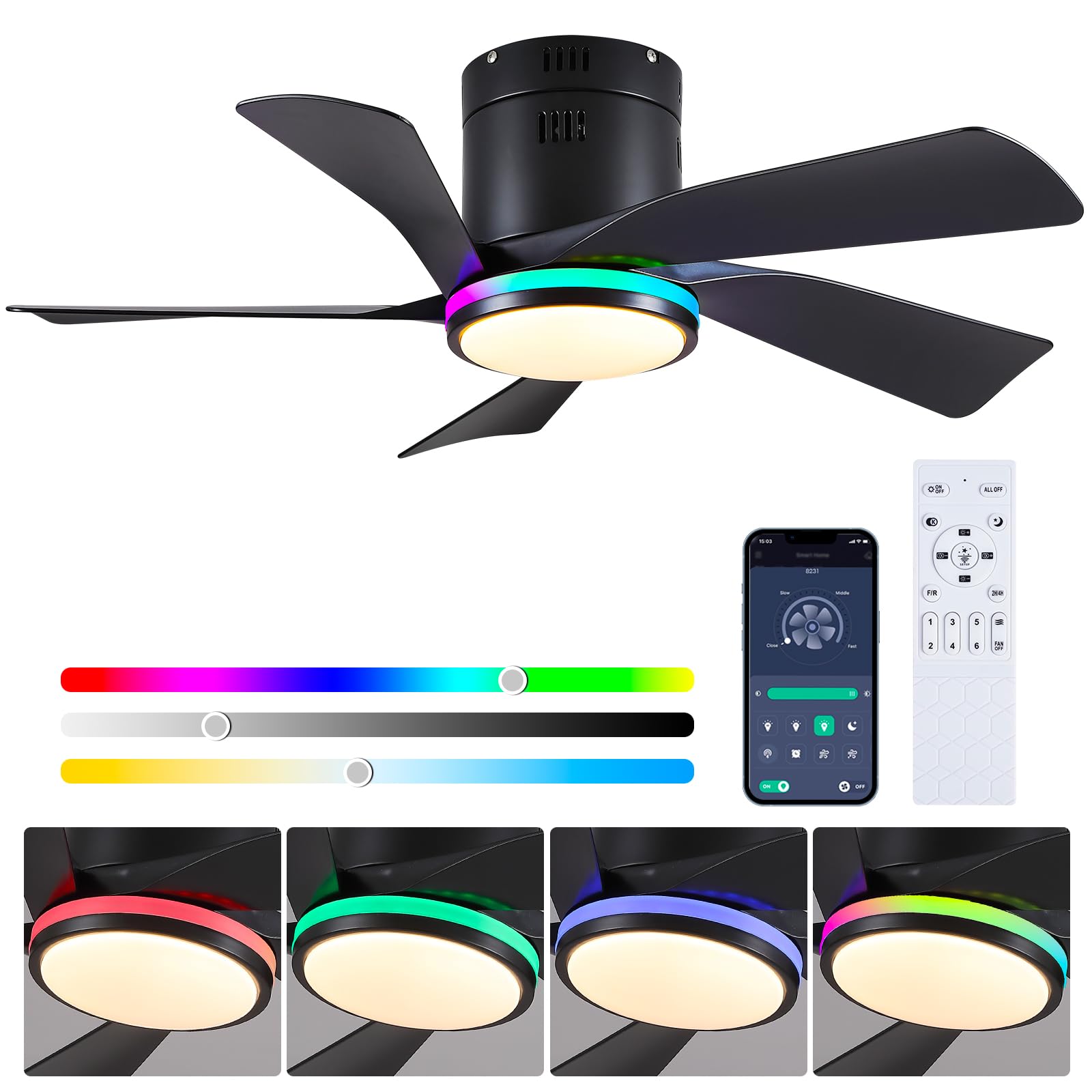 CHESUR 36In Black Ceiling Fan with RGB Light, Flush Mount Ceiling Fan ...