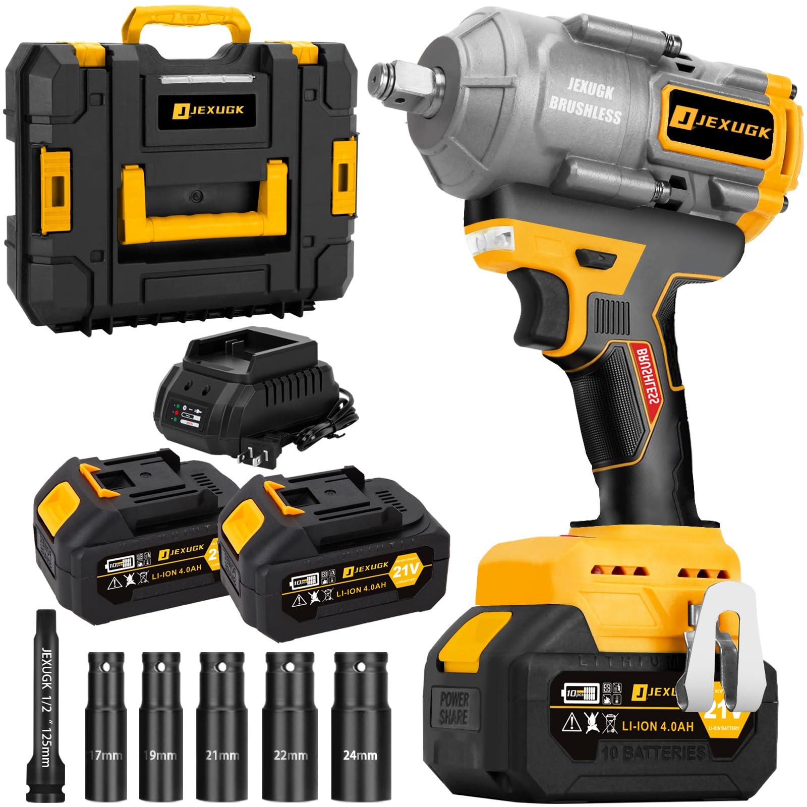 JEXUGK 1000N.m 1/2" Cordless Impact Gun, 740ft-lbs 21V Brushless High ...