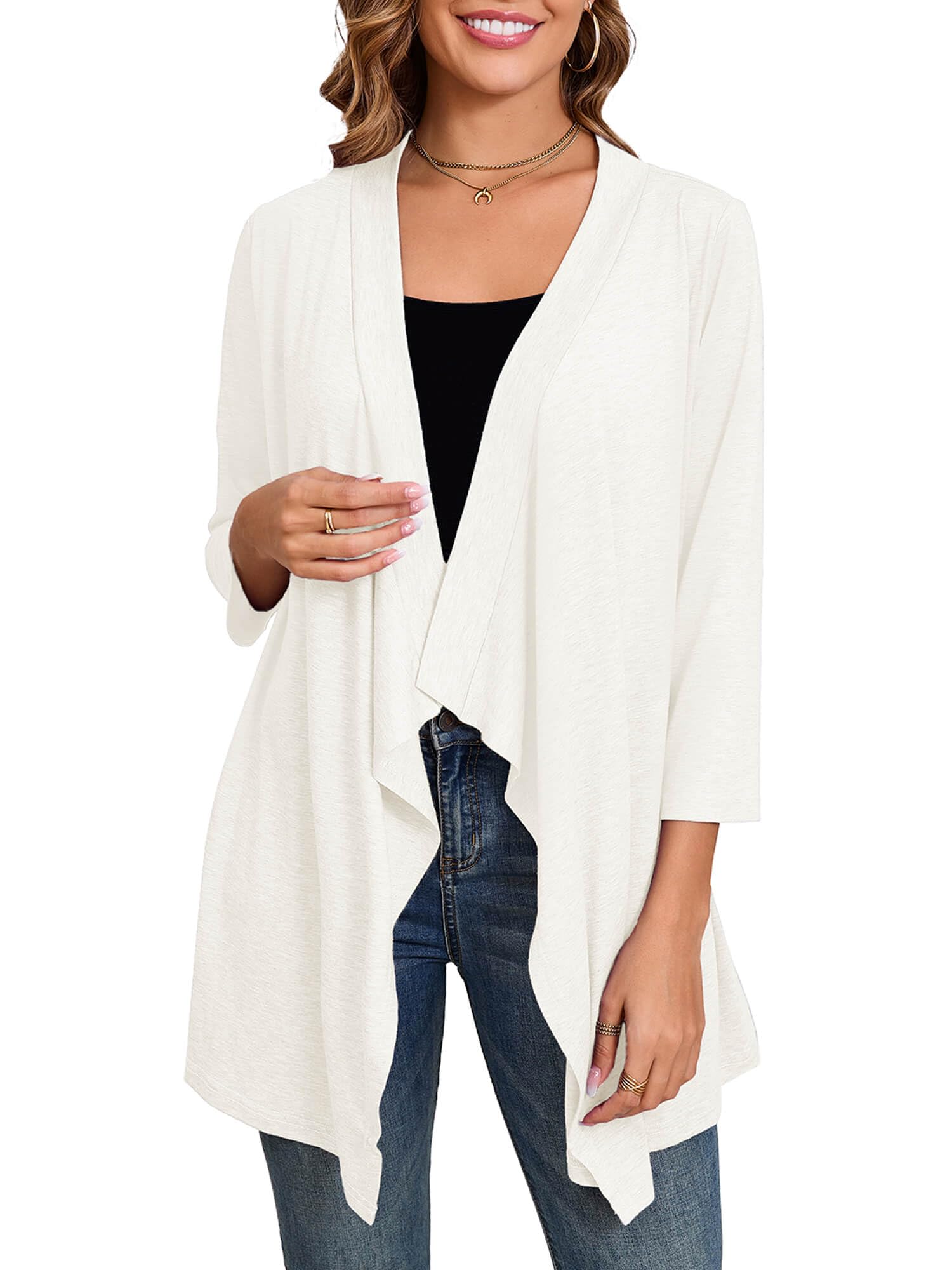 DEARCASE 3/4 Sleeve Open Front Draped Kimono Cardigan Sweaters for ...