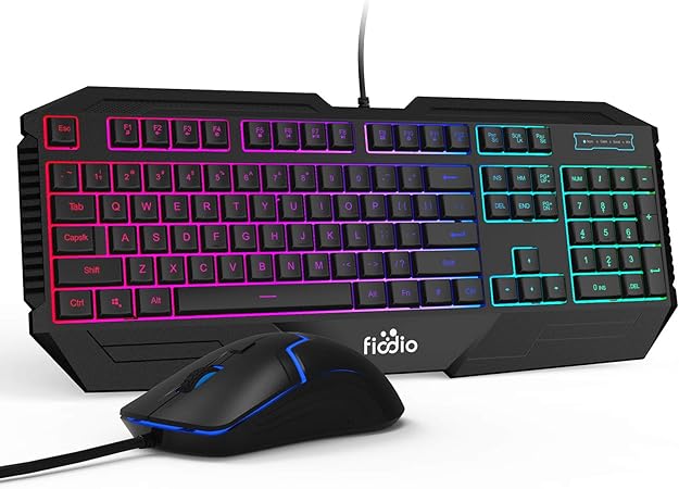 FIODIO Wired Gaming Keyboard and Mouse Combo, Rainbow Backlit Ergonomic ...
