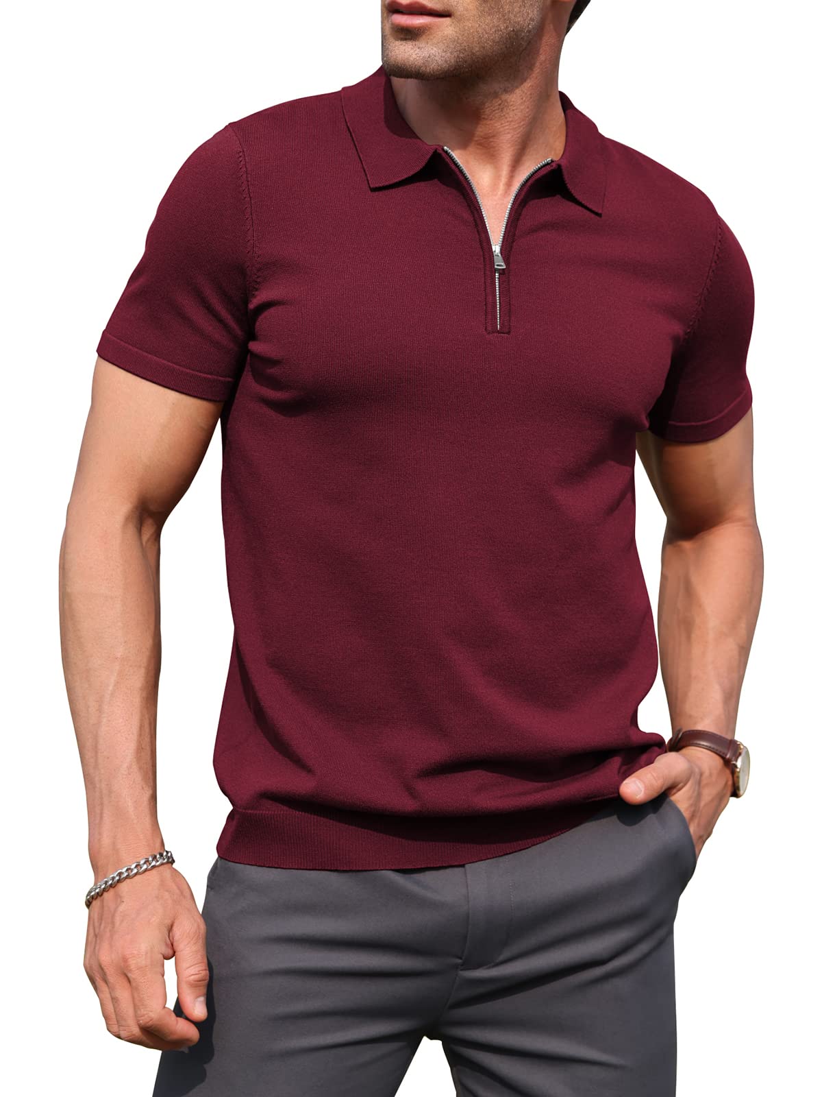 RQP Mens Zipper Polo Shirts Knit Wrinkle Free Casual Shirts Short/Long ...