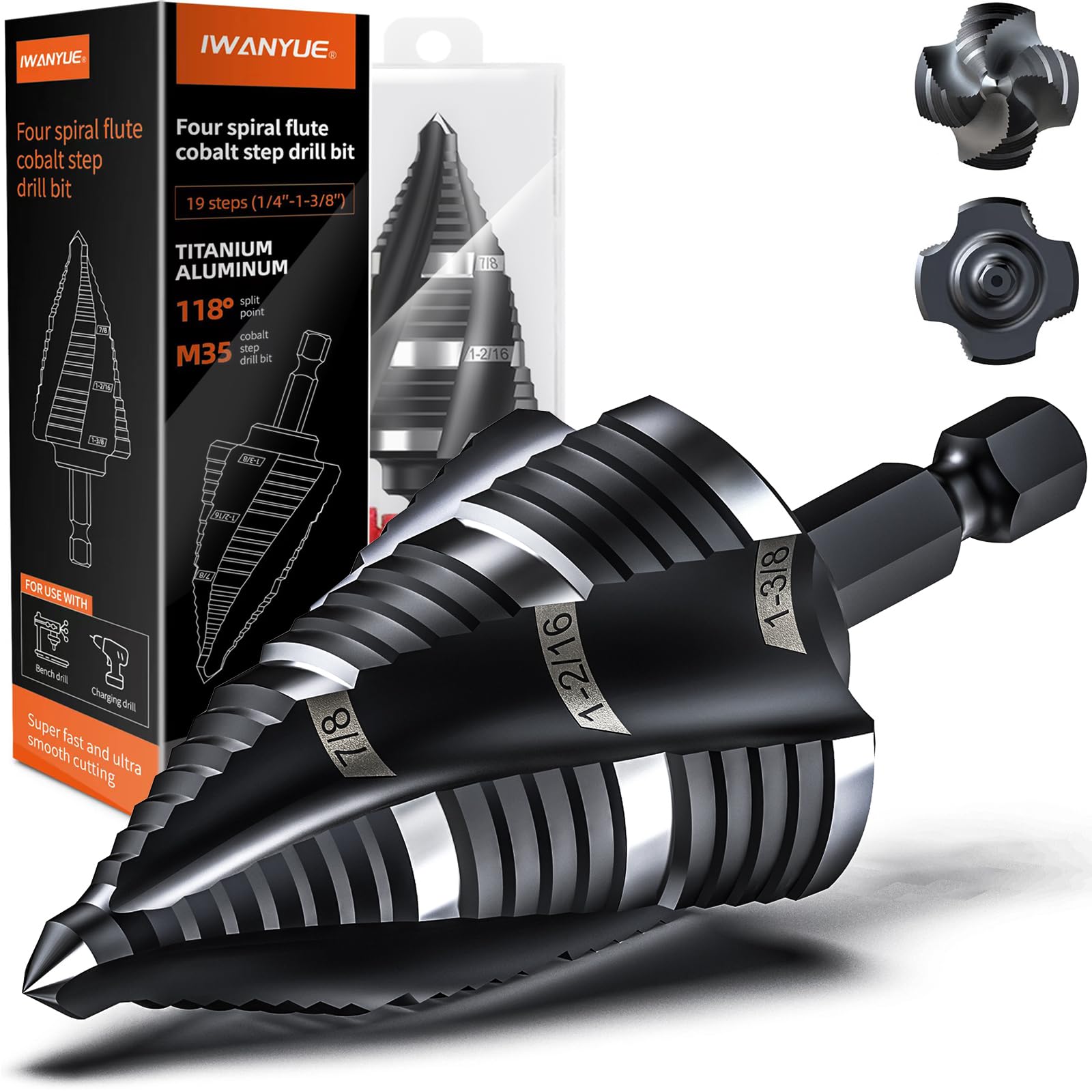 M35 Cobalt Step Drill Set, Four Spiral Flute Cobalt Step Drill Bit,1/4" - 1-3/8"(19 Step Size ...