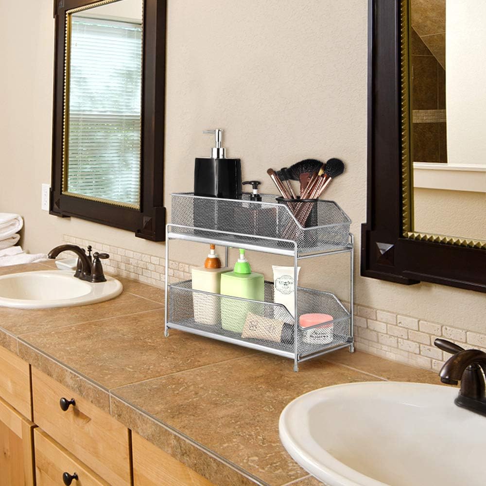 Cupboard Organiser Stackable 2 Tier Sliding Cabinet Basket Organizer ...