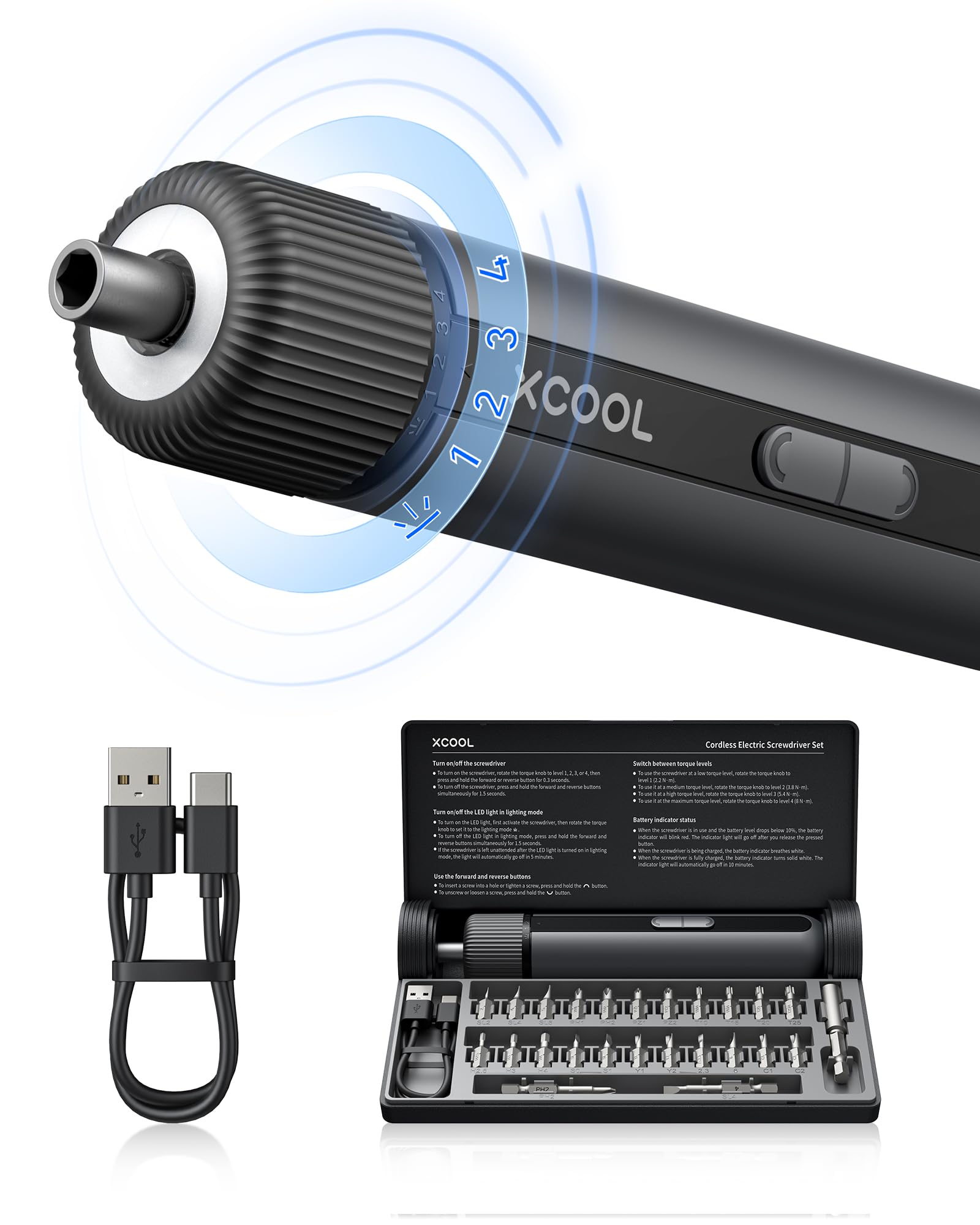 xCool Electric Screwdriver Cordless, 4V Power Screwdriver with 24 S2 ...