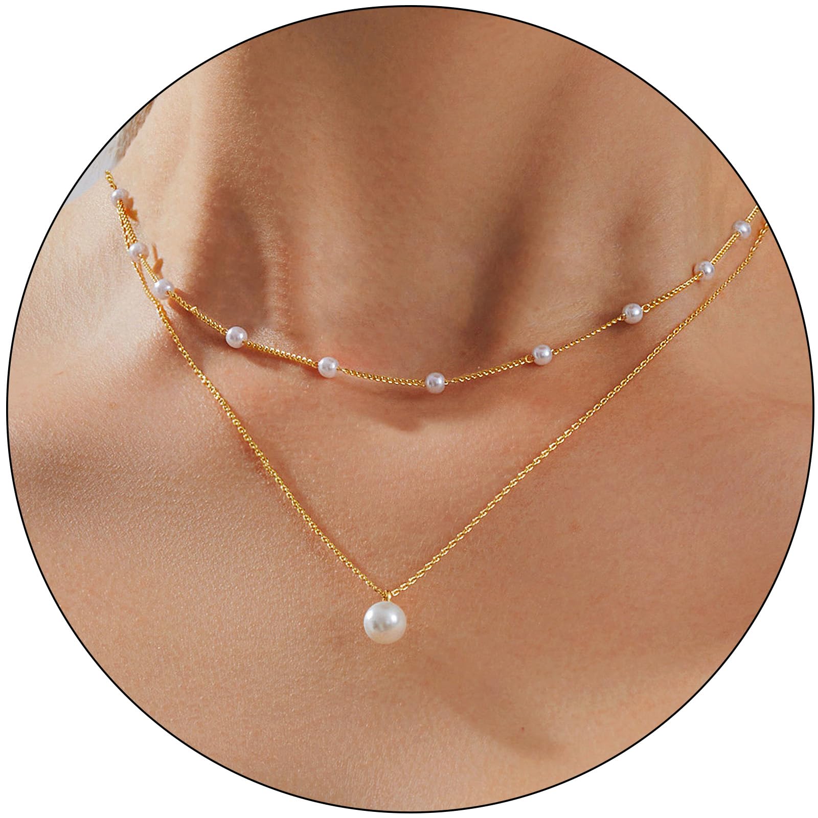 Partm Pearl Necklace for Women Layered Trendy 14K Gold Plated Dainty ...