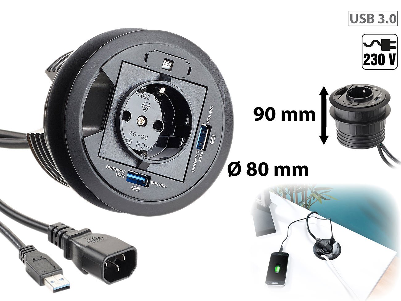 Mua revolt USB Hub Table Retractable Active 2-Way USB 3.0 Hub for Table ...