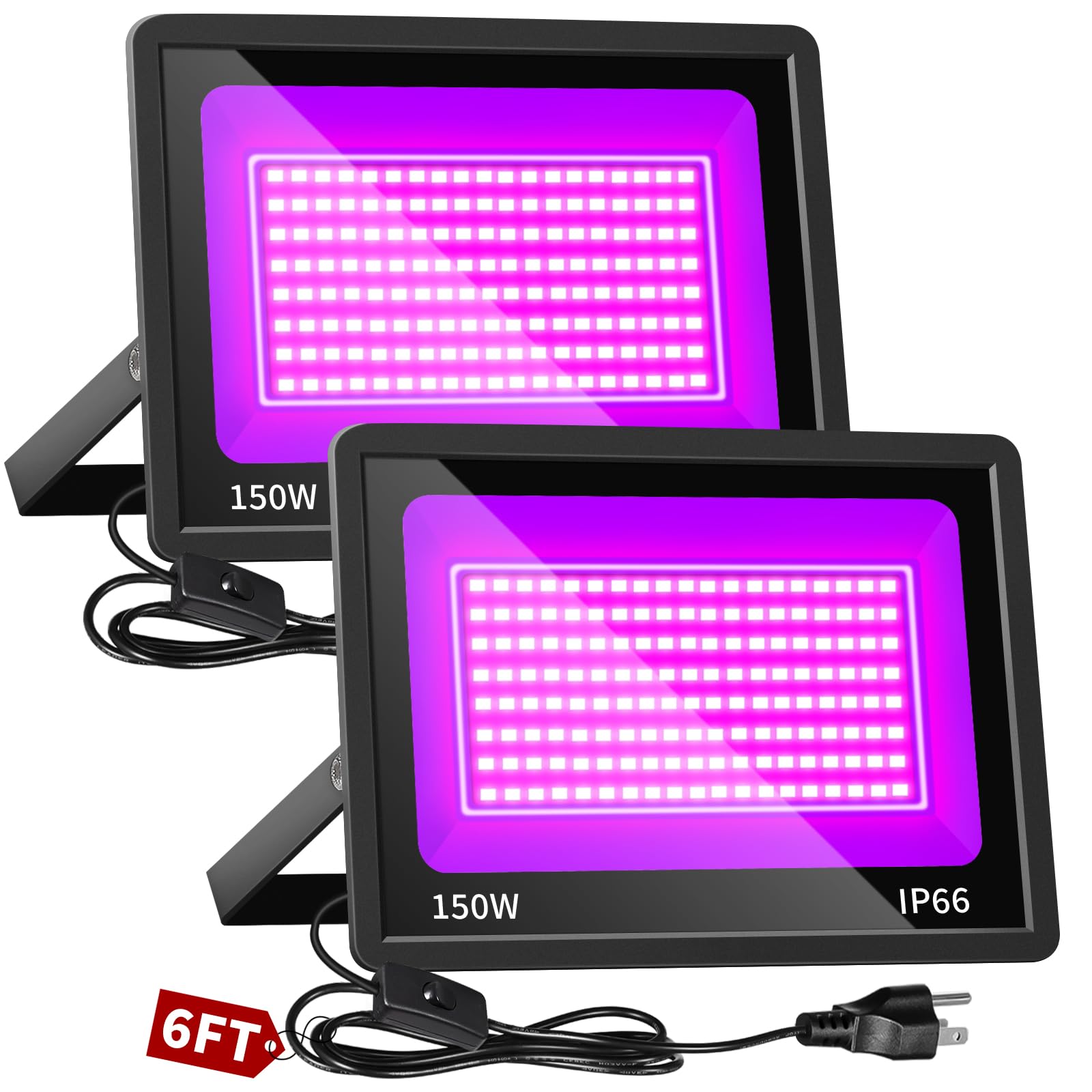 150W Black Lights, IP66 Blacklight Flood Light with Switch + Plug + 6Ft ...