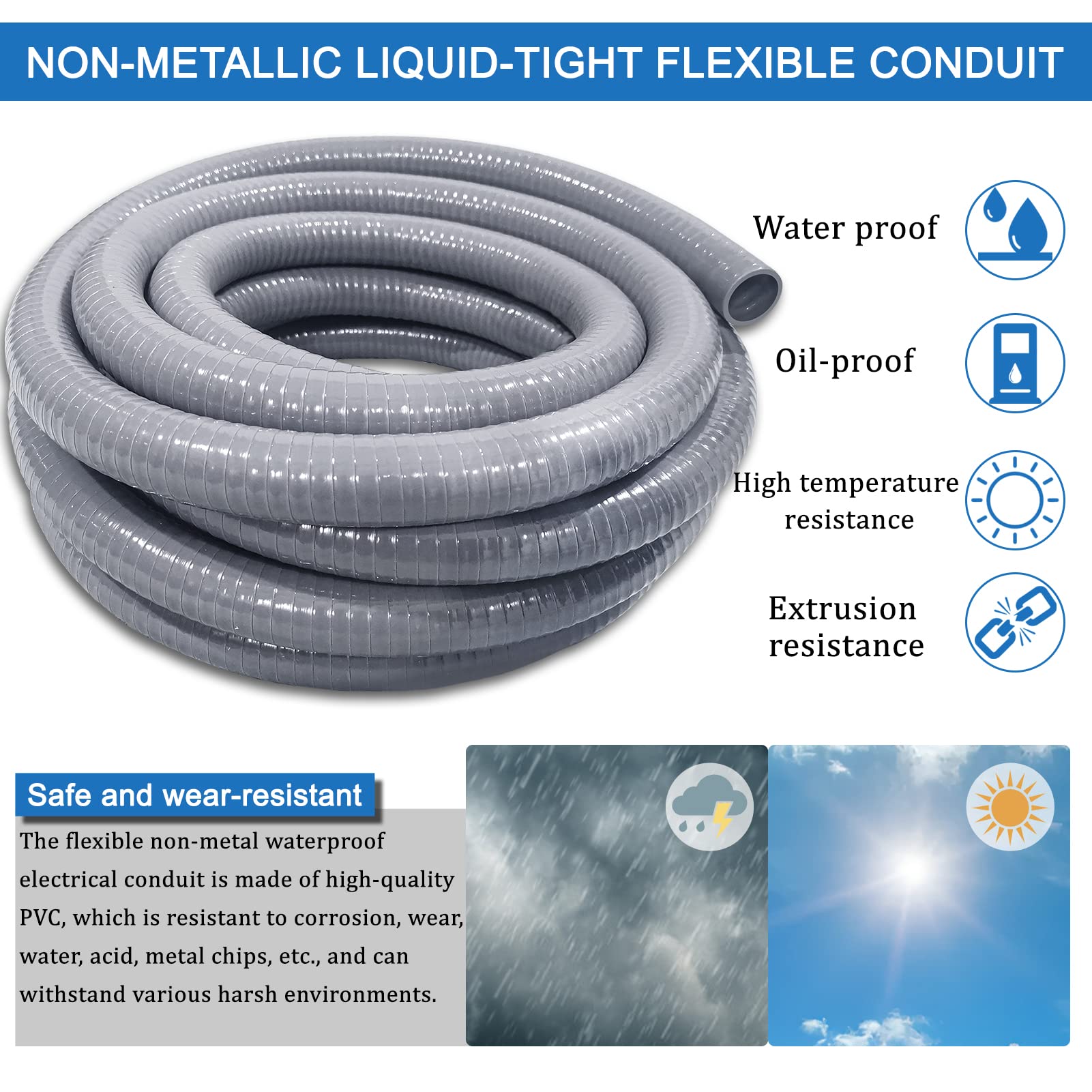 Liquid-Tight Conduit And Connector Kit 1/2 Inch 25 Ft,Flexible Non ...