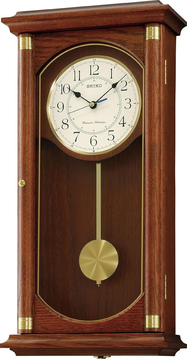 Seiko QXH039B Oak Wooden Quartz Battery Wall Clock With Pendulum And