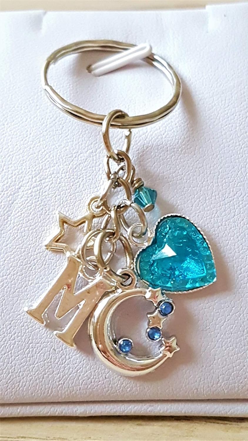 Handmade Personalised Half Moon with Blue Stars Charm Keyring/Keychain ...