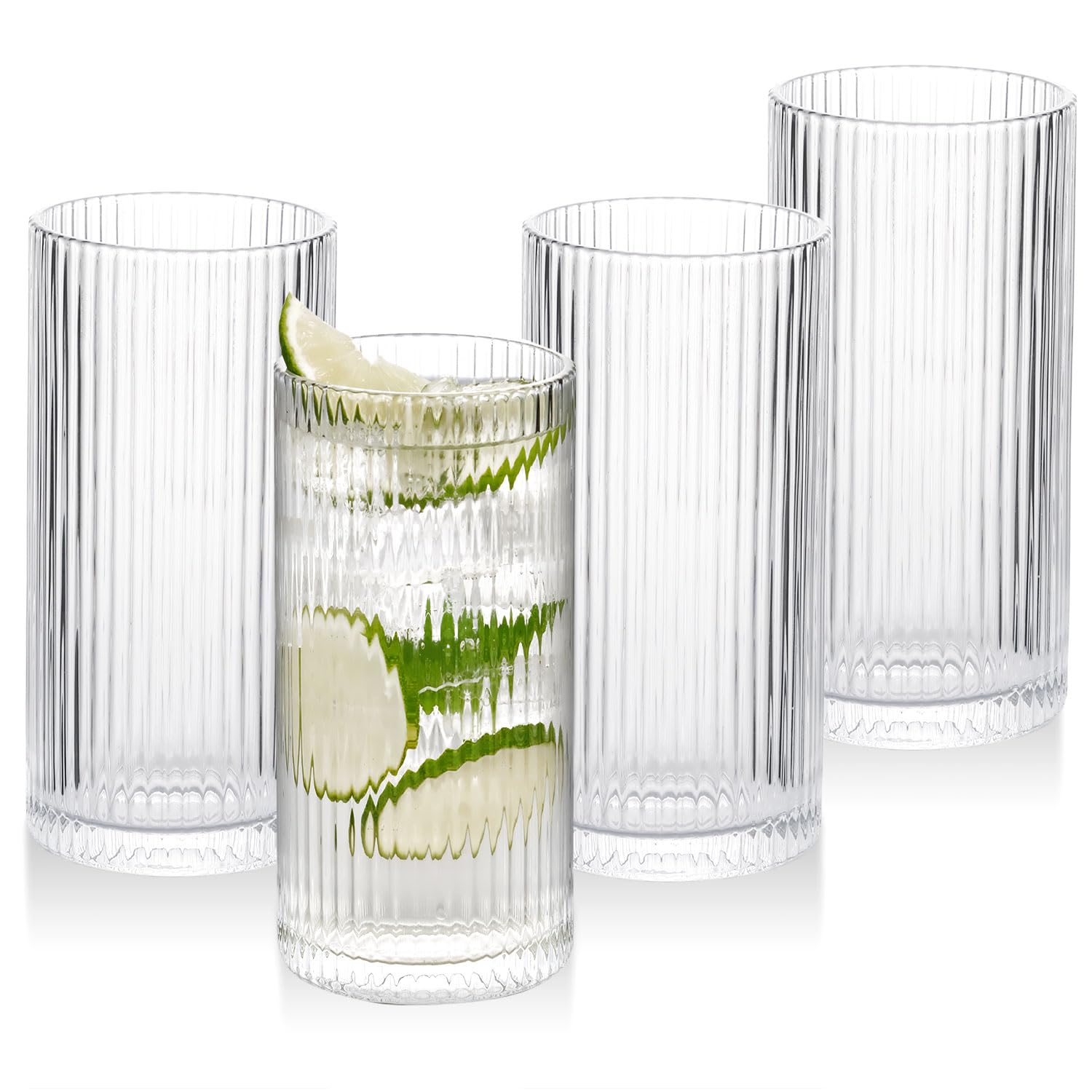 WHJY Ribbed Glassware Tall Highball Glasses Unique Everyday Drinking ...