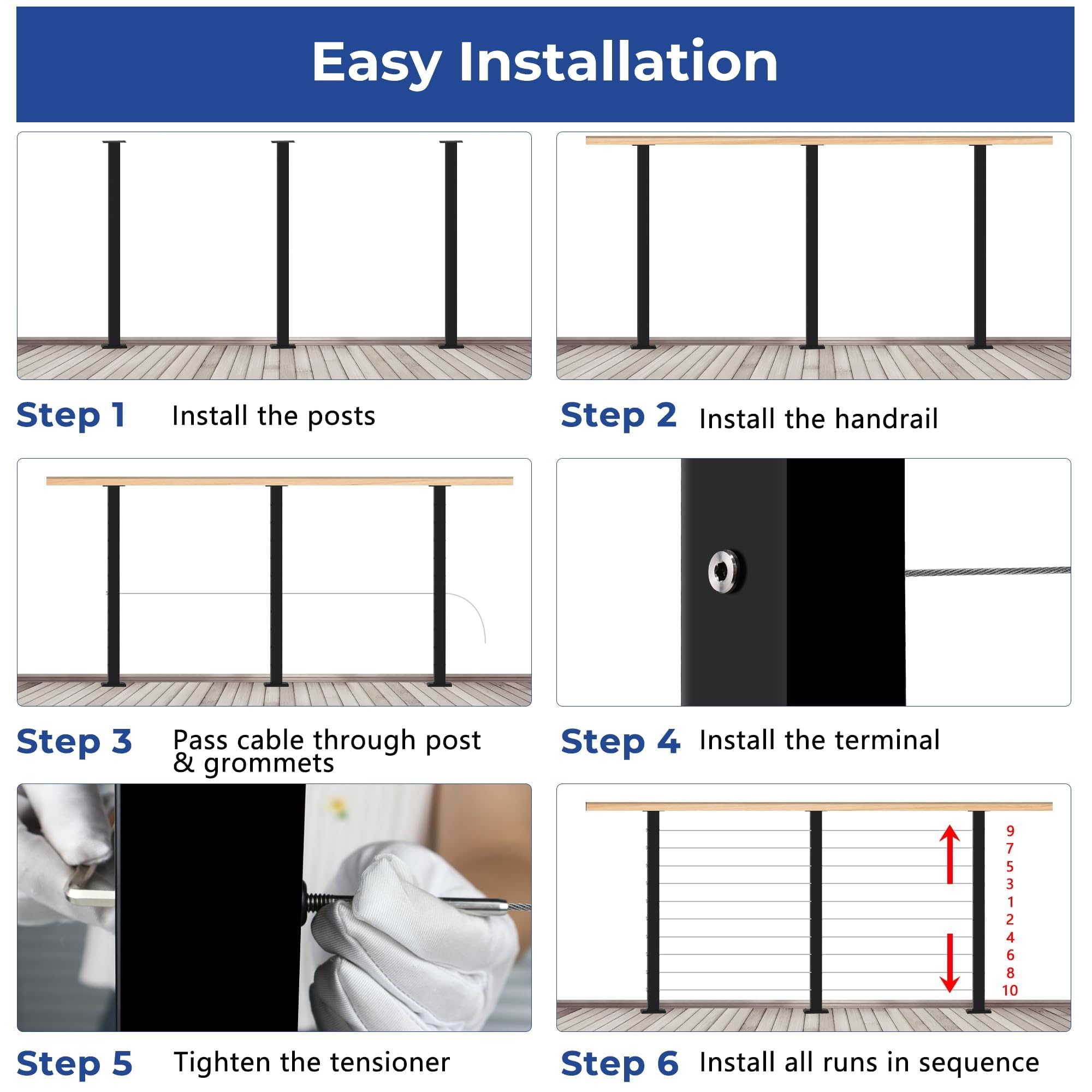 Gyykzz 36" Corner Cable Railing Post (Post 35"x2"x2"), 90° Drilled ...