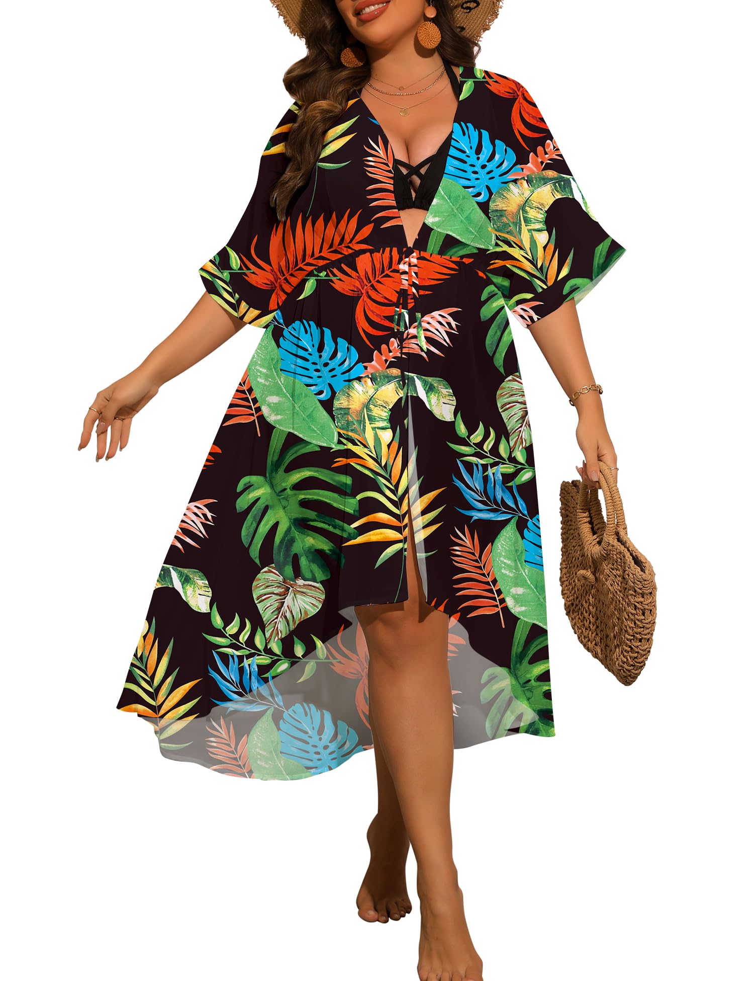 SWOMOG Women Cover Ups Plus Size Swimsuit Chiffon Kimono Long Cardigan ...