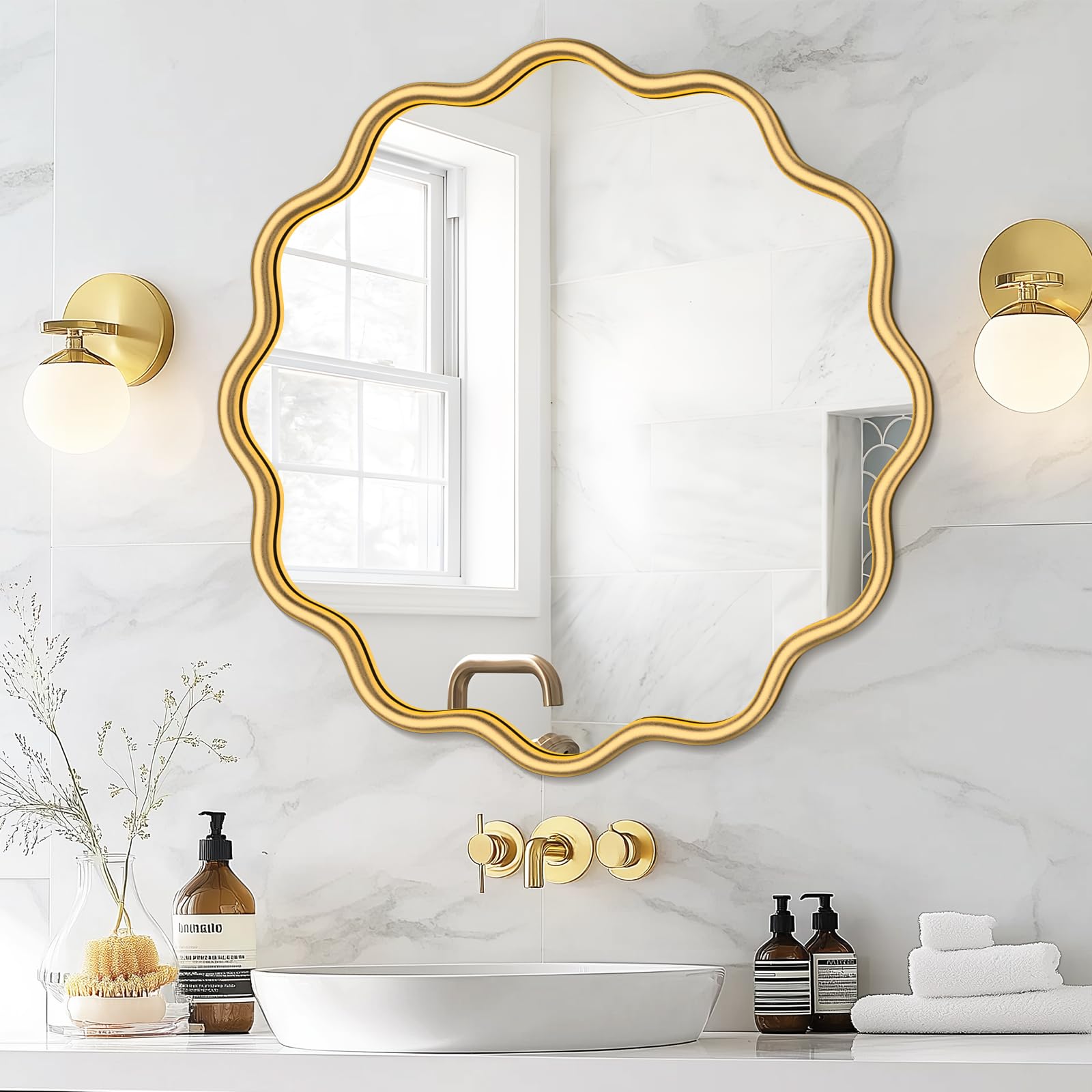 PROHOMEWARE Gold Round Mirror 24 Inch Wavy Bathroom Vanity Mirror Gold ...