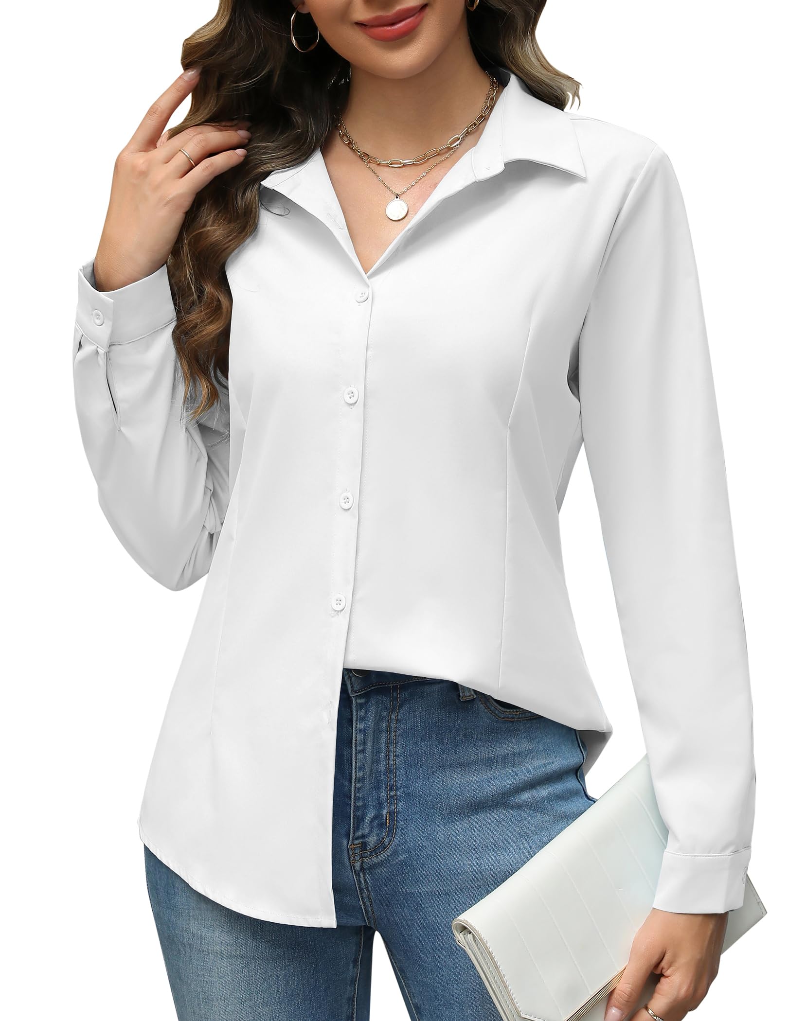 HOTOUCH White Button Down Shirt Women Long Sleeve Button Up Blouses ...