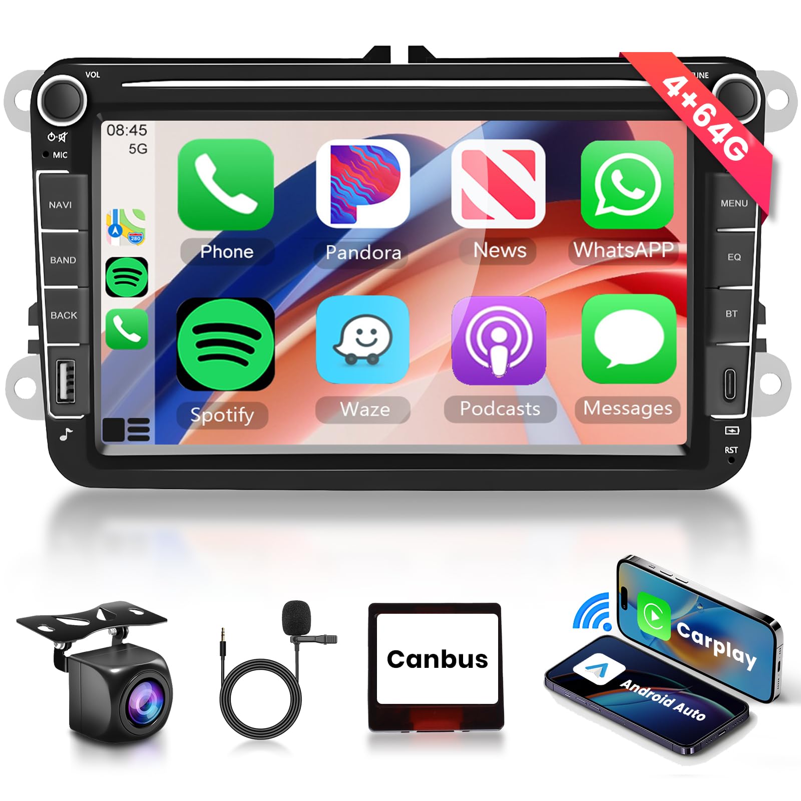 4G+64G Android 13 Double Din Car Stereo for Volkswagen SEAT Skoda Jetta ...