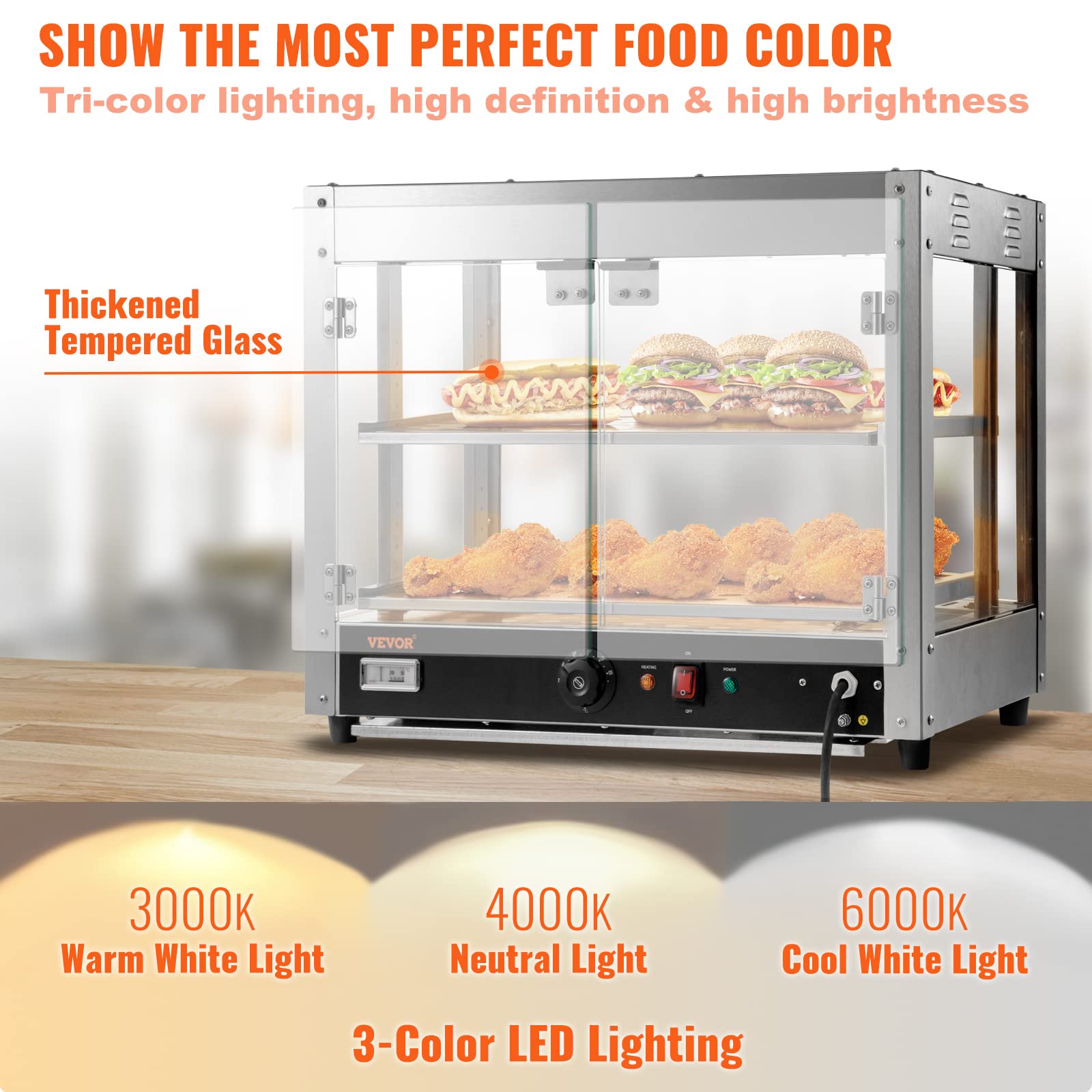 VEVOR Dual-Tier Food Display Warmer, 800W, Features 3D Heat, Tri-Color ...