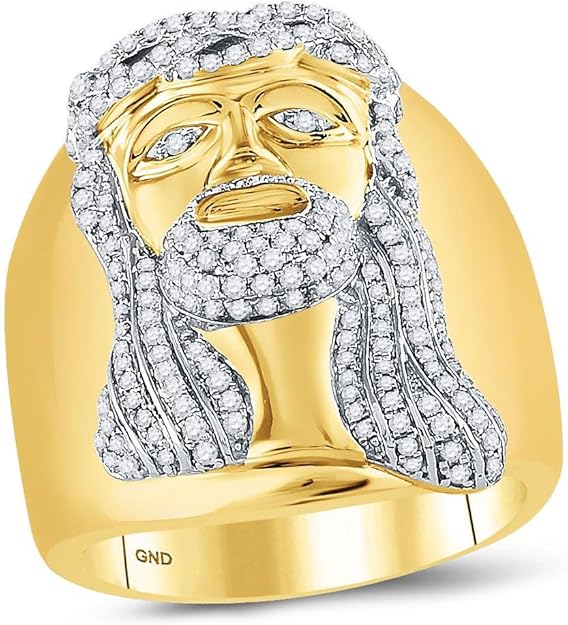 10k Yellow Gold Mens Round Diamond Jesus Christ Face Ring 1.0 Ct ...
