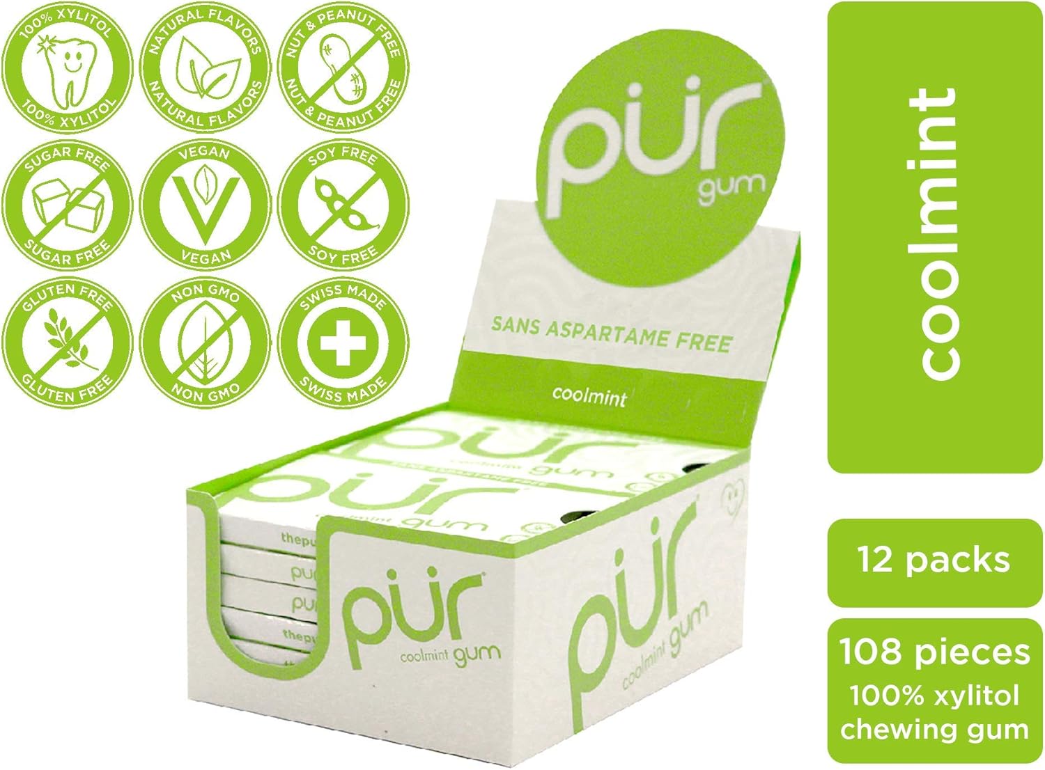 PUR Gum Cool Mint Aspartame Free, 9-Piece Sleeve (0.4 Ounce), Pack of ...