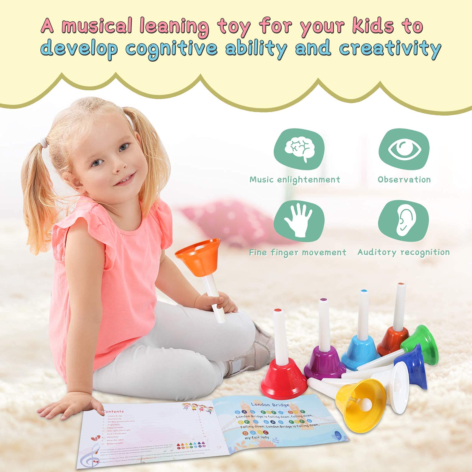 Mua Hand Bells, 8 Note Musical Handbells Set with 17 Songbook Musical ...