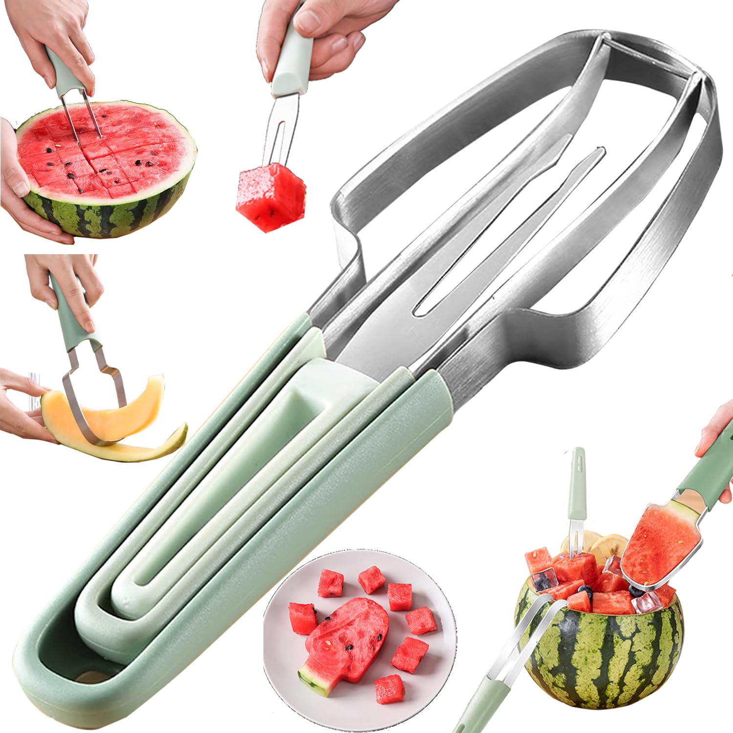 FATUXZ 3-in-1 Watermelon Cutter Slicer Fork, Portable Fruit Slicer ...