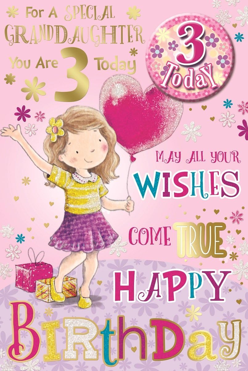 Granddaughter 3rd Birthday Card Badge 3 Today Girl Gifts Flowers